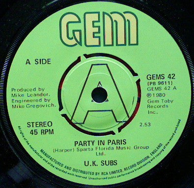 Buy U.K. Subs* : Party In Paris (7", Single) Online for a great price ...